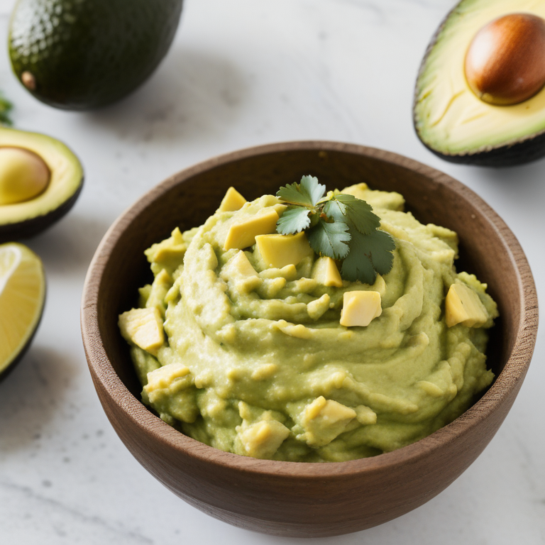 Delicious Avocado Guacamole Served in a Wooden Bowl with Garnishes.