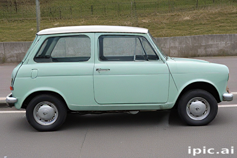 Charming Vintage Compact Car Driving Down a Scenic Roadside Landscape.