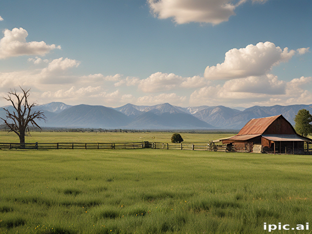 Serene Countryside Landscape Featuring Barn, Expansive Green Fields ...