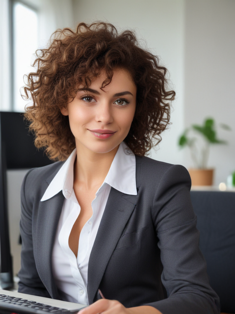 woman manager with brown curly hair, add office backgound with computer ...