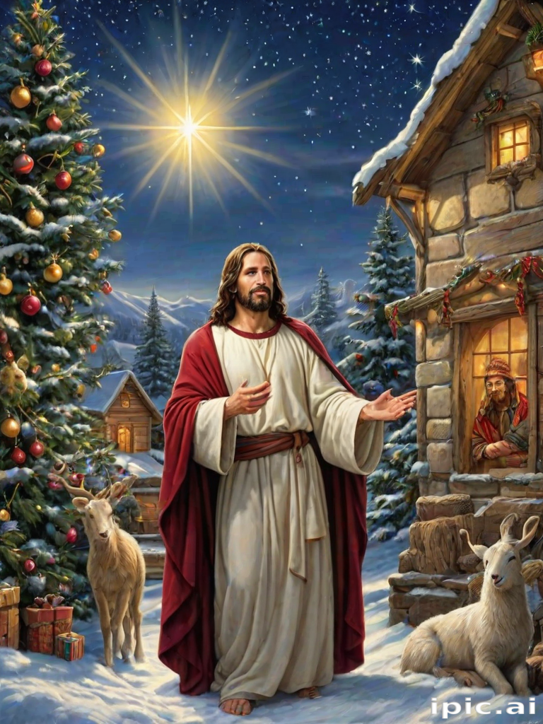 Jesus Christ Spreading Joy and Peace Amidst a Winter Wonderland Scene