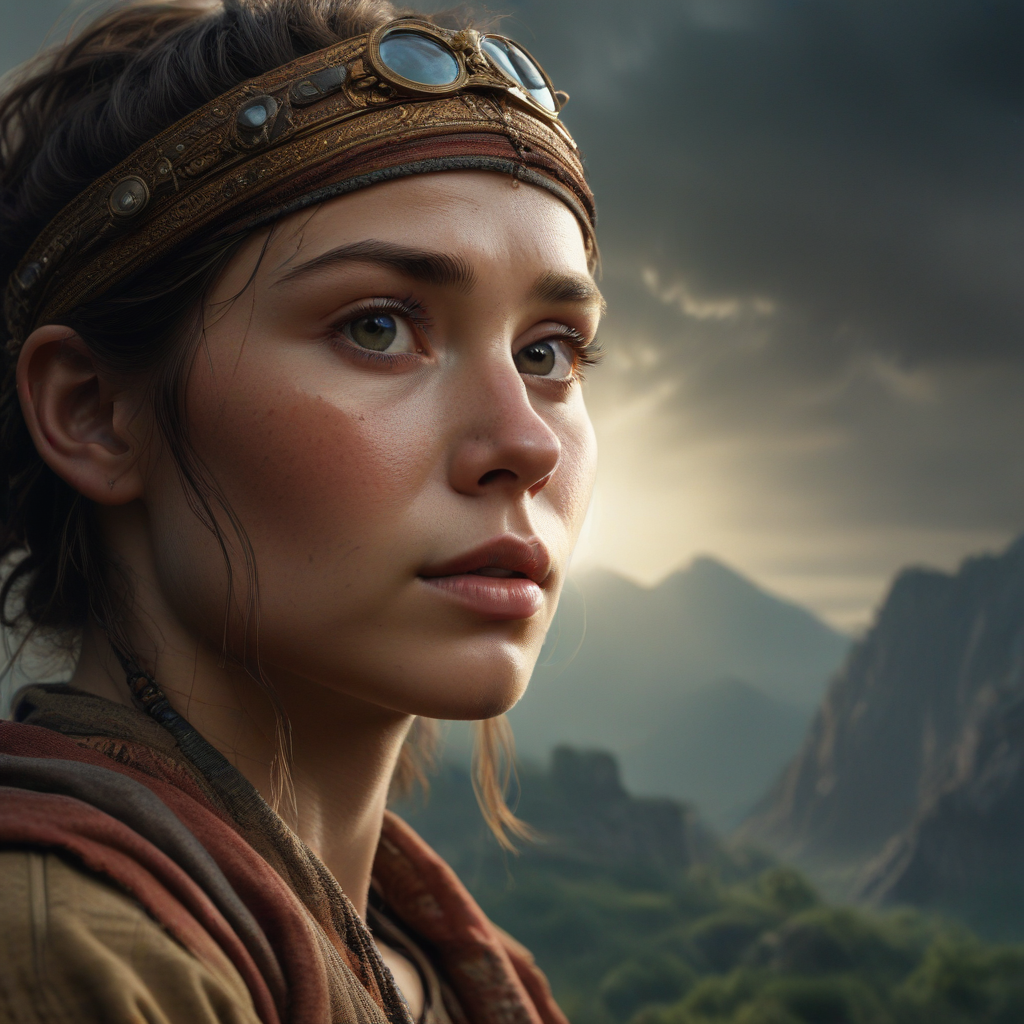 Portrait of a Young Adventurer in a Mystical Mountain Landscape at Dusk