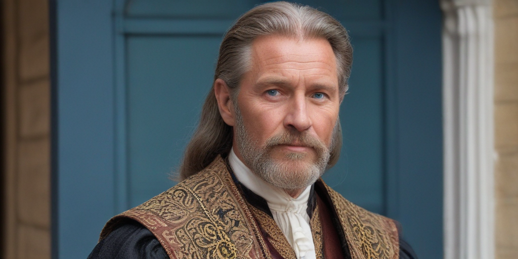 Masculine Elder Tudor Duke, brown greying hair& beard Blue eyes