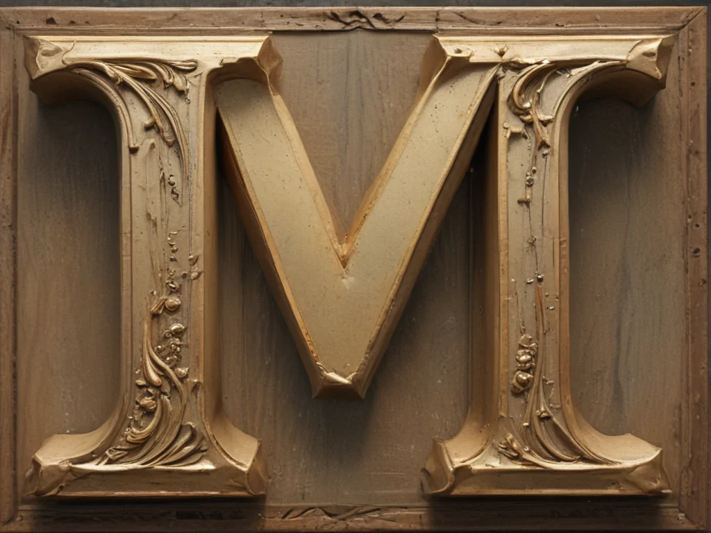Ornately Designed Golden Letter M on a Decorative Background Panel