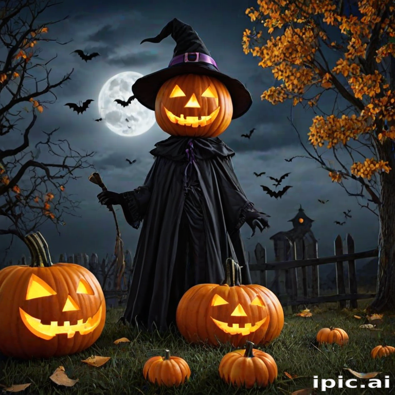 Enchanting Halloween Scene Featuring a Witch and Glowing Jack-o'-Lanterns