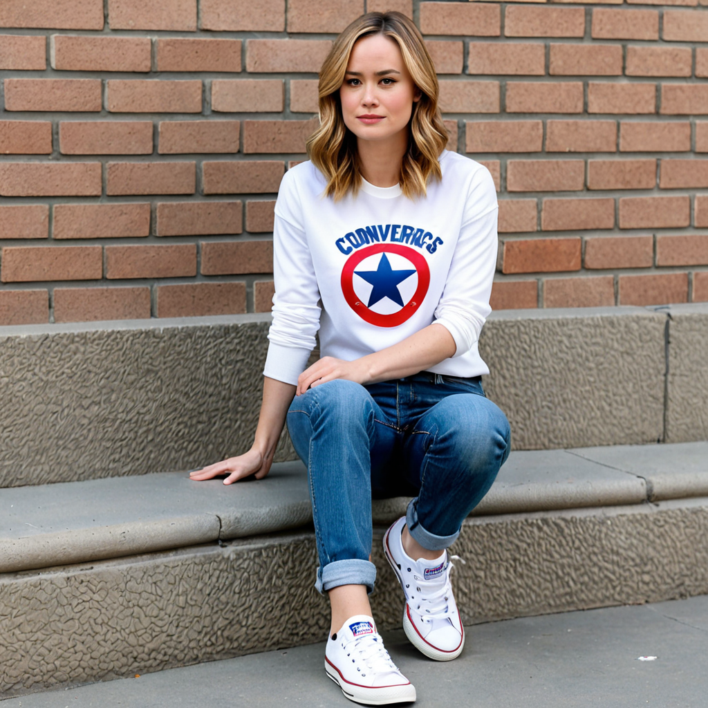 Mcu Brie Larson Carol Danvers Sitting in White Shirt, Blue Jeans, White ...