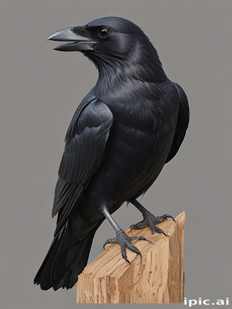 A Striking Black Raven Perched Elegantly on a Wooden Log Background.