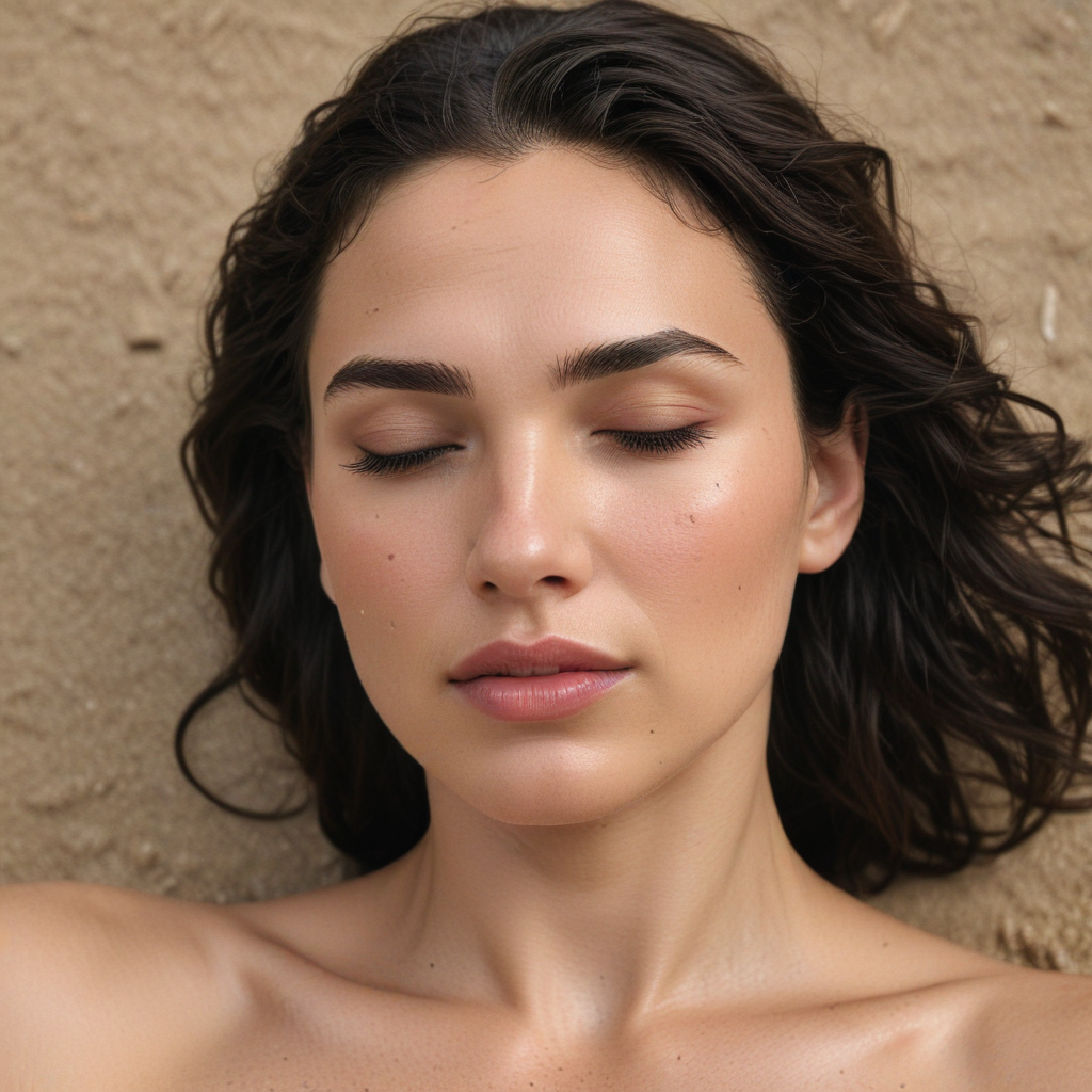 Gal gadot burried on the beach sand. Wet face. Sleeping.