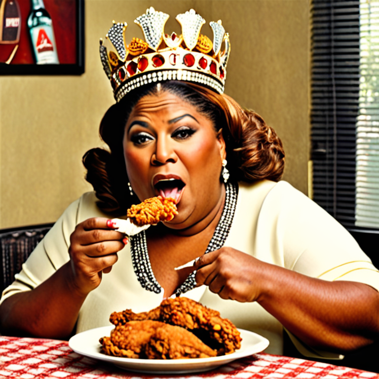 Very large queen latifa eating fried chicken