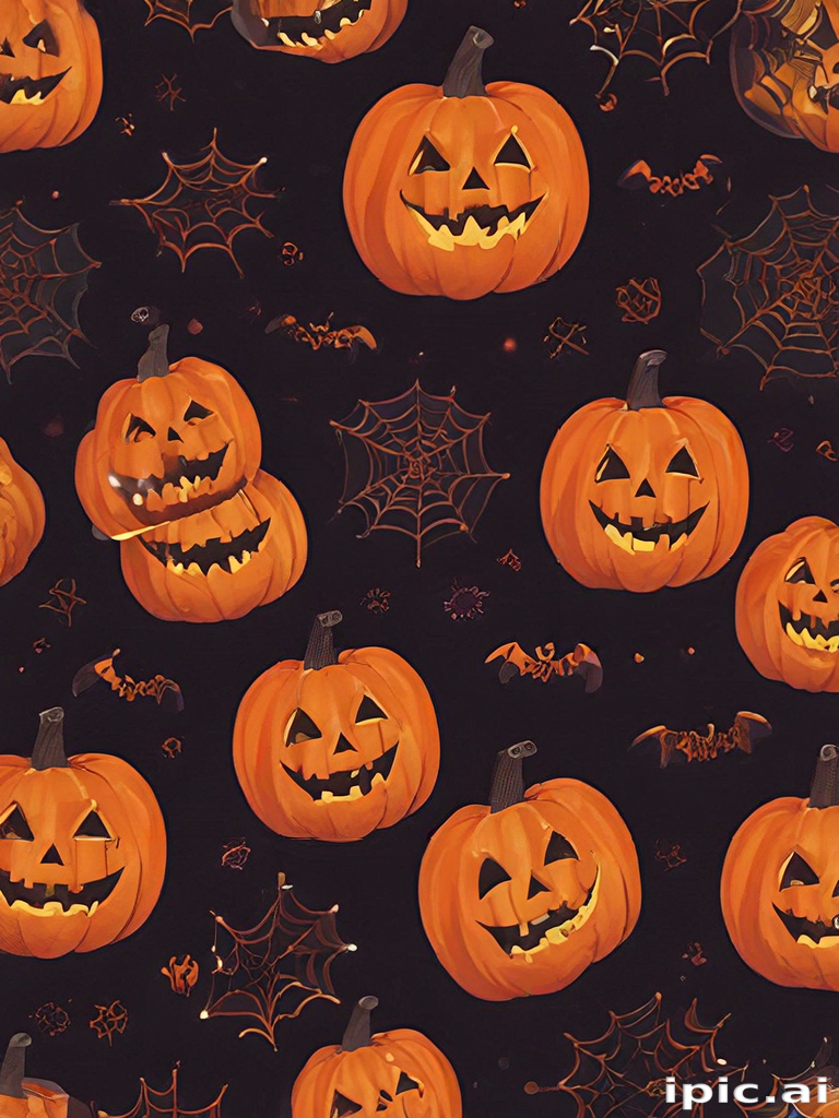 Festive Halloween Pattern Featuring Jack-o'-Lanterns, Bats, and Spooky Spiderwebs