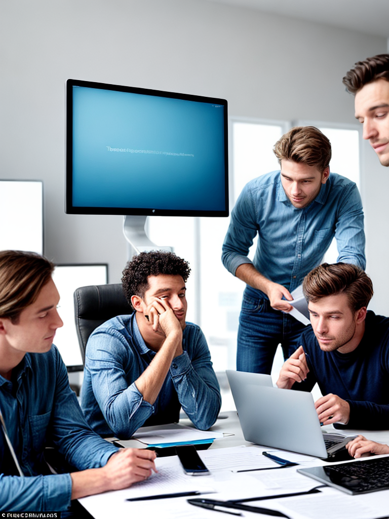 five people are frantically working in the room on a marketing campaign ...