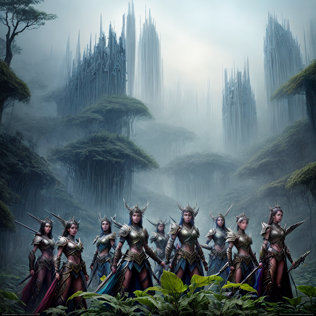 perfect shot of large group of female warrior sirens in a overgrown ...