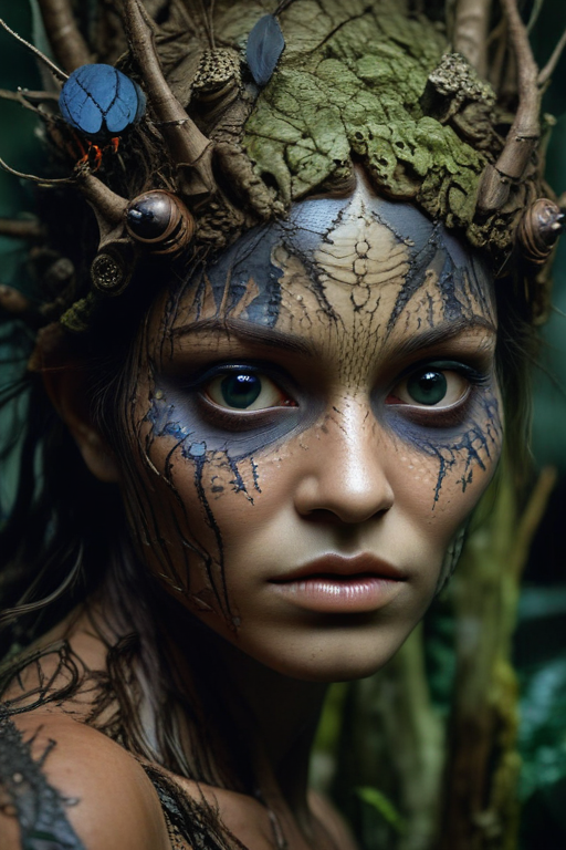 lurking monstrous dryad with carved insect-like face, bark skin, plant ...