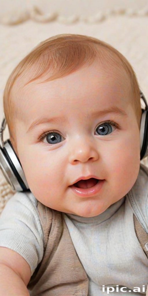 Adorable Baby with Headphones Enjoying Music and Smiling Brightly