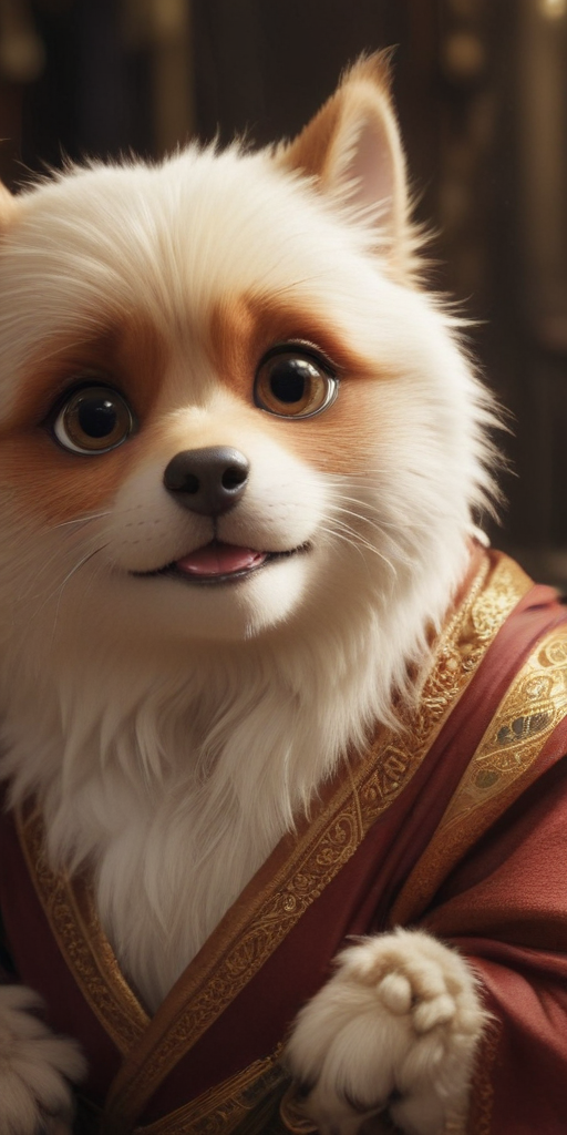 A Charming Animated Pomeranian Wearing a Regal Outfit with Playful ...