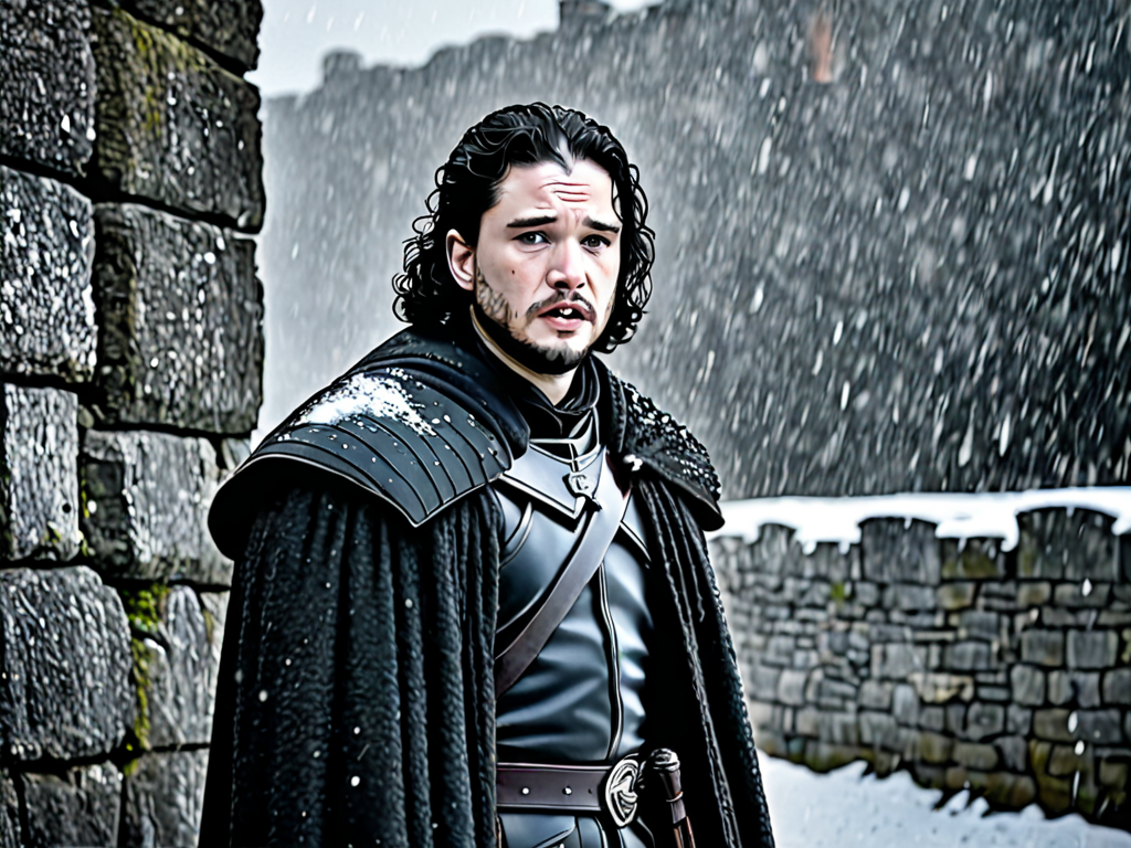 Generate a poignant final scene of Jon Snow, adorned in a weathered ...