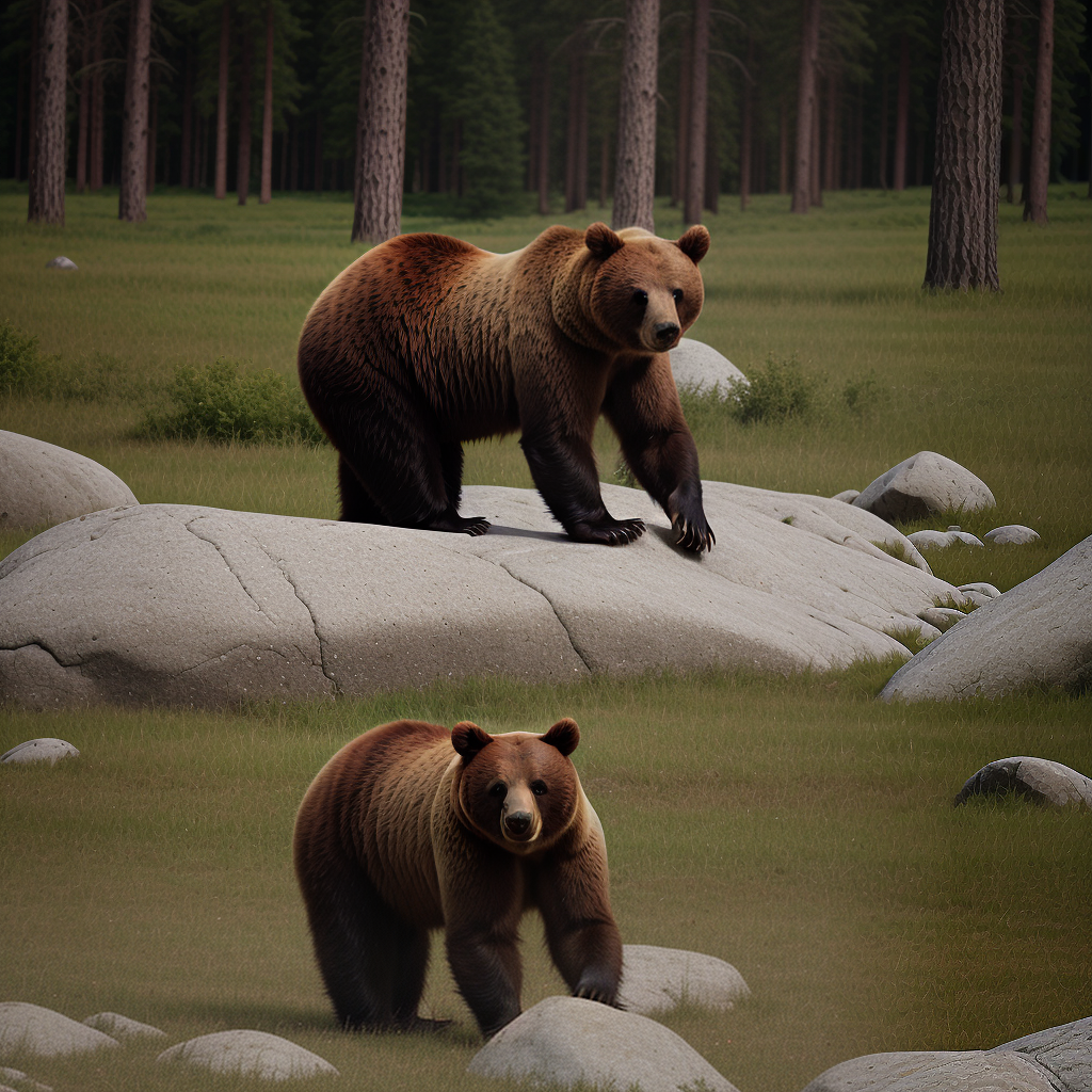 Two Majestic Grizzly Bears Roaming Through a Serene Forest Landscape
