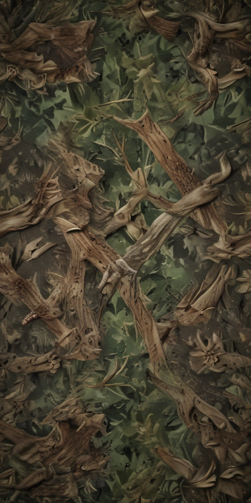 Intricate Natural Patterns of Twisted Wood and Green Leaves Combined