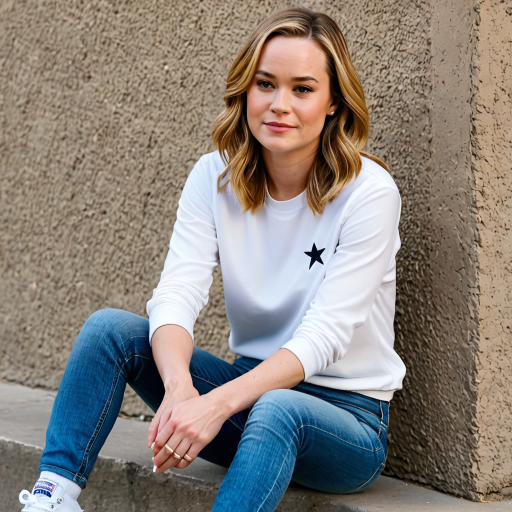 Mcu Brie Larson Carol Danvers Sitting in White Shirt, Blue Jeans, White ...