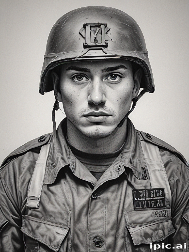Portrait of a Courageous Soldier in Historic Military Uniform and Helmet