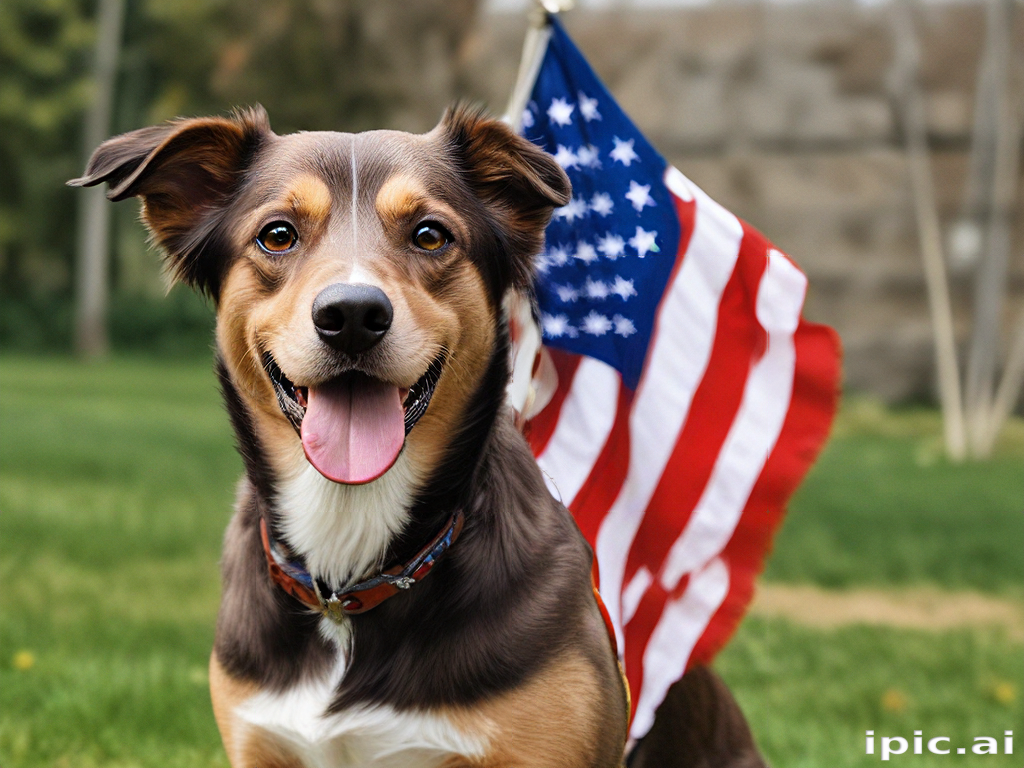 A Joyful Dog Posing Proudly with an American Flag in Background