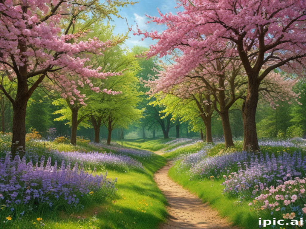 A Serene Pathway Through Blooming Cherry Trees and Colorful Wildflowers.