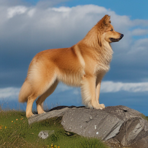 A Majestic Dog Standing Proudly on a Rock Against a Blue Sky.