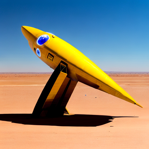 a phallic spaceship taking off from a desert with a clear, sunlit sky