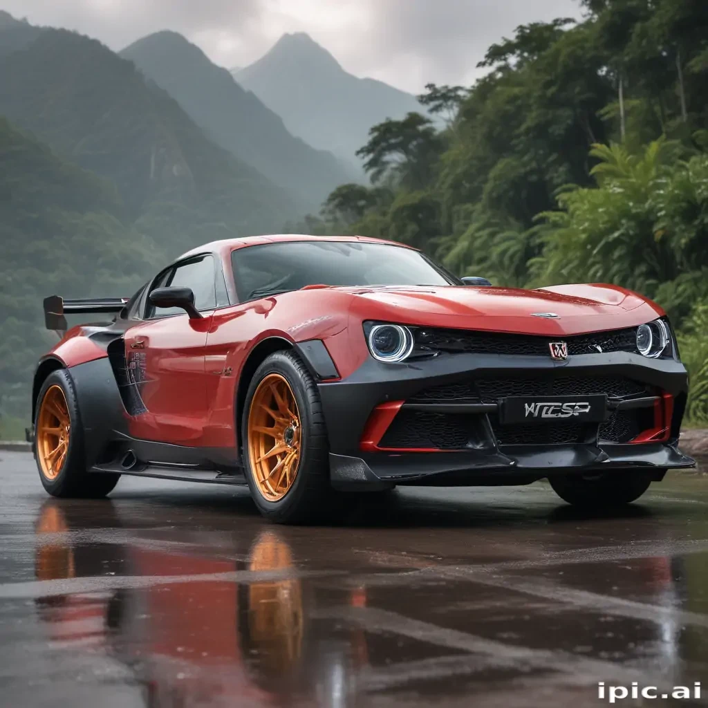 Stunning Red Sports Car with Bold Design in Lush Mountain Setting