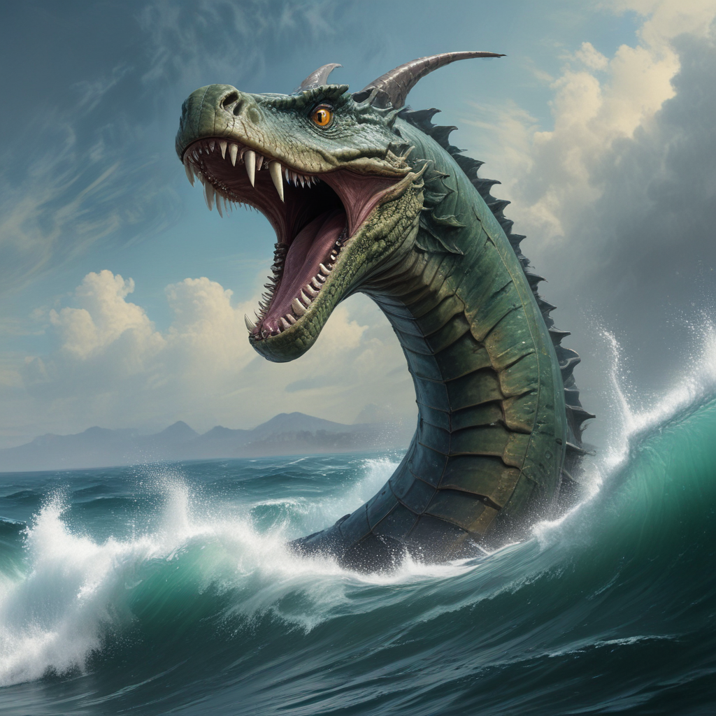Realistic sci-fi painting of sea serpent