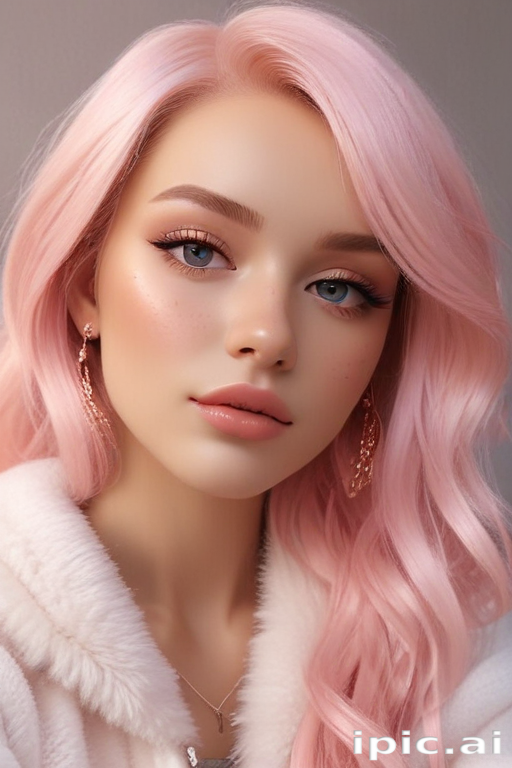 A Portrait of a Young Woman with Soft Pink Hair and Elegant Makeup.