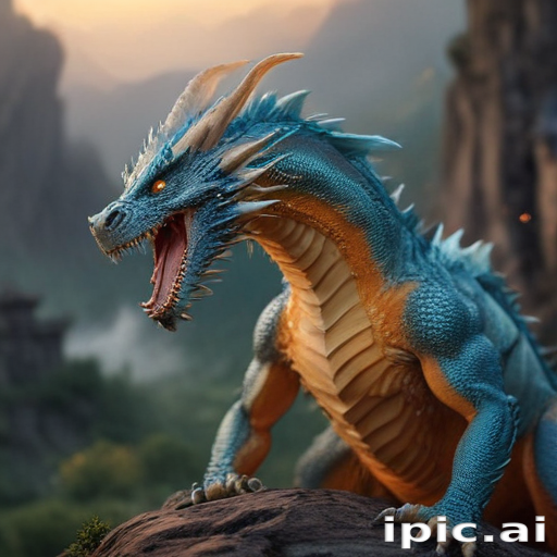 Majestic Blue Dragon Roaring in a Mystical Mountain Landscape at Sunset.