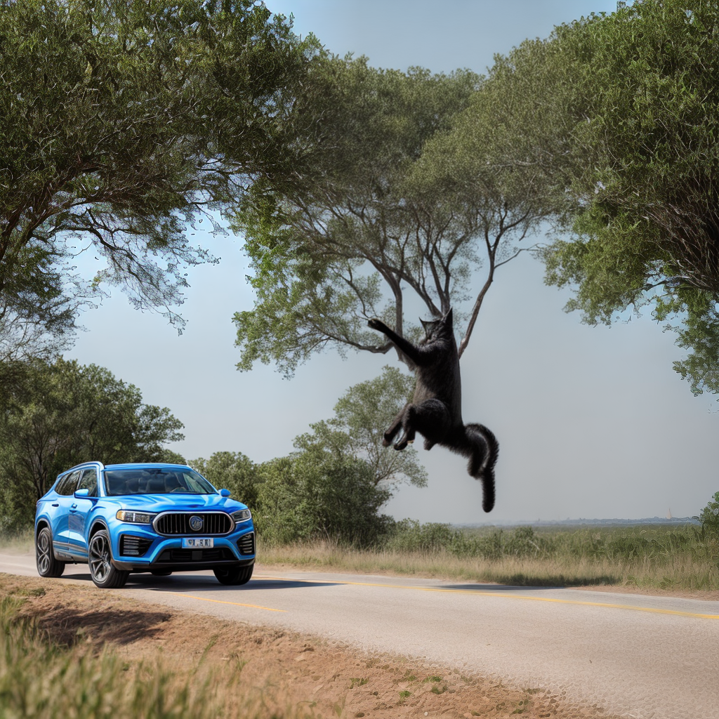 a man on a big cat jumping near cars on highway