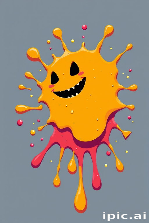 Cheerful Yellow Blob with a Grinning Face and Colorful Splashes