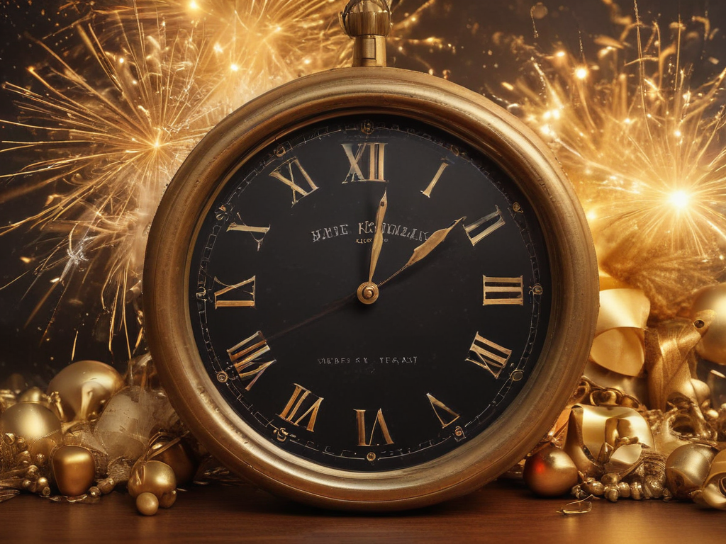 Elegant Vintage Clock Surrounded by Festive Gold Decorations and Fireworks