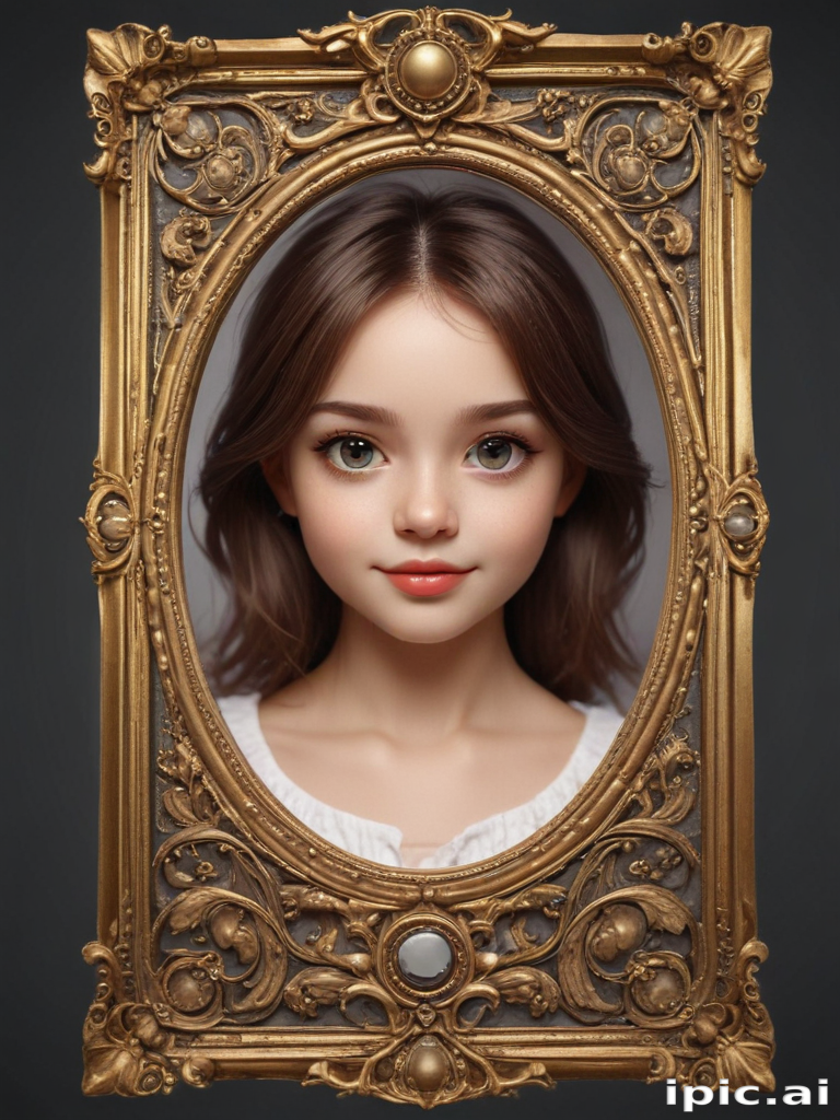 Elegant Portrait of a Young Woman Framed in Ornate Gold Design