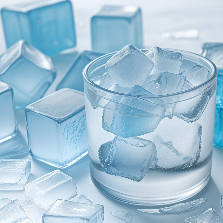 Refreshing Coolness: A Glass of Ice Cubes Surrounded by Chilled Blue Ice