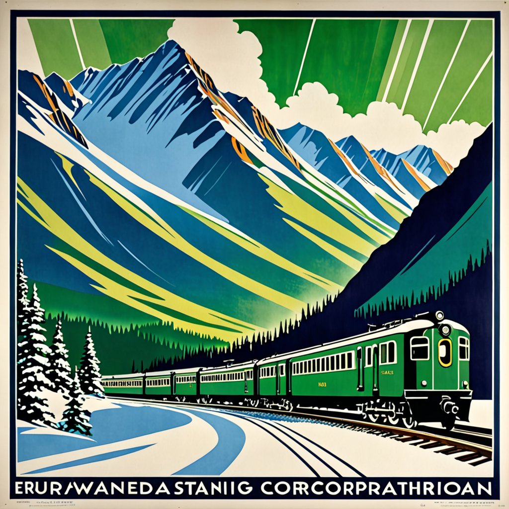 art deco streamline railway corporation poster train with mountains and ...