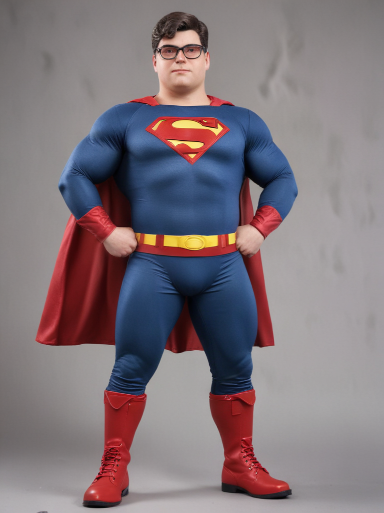 Realistic chubby high school nerd guy, realistic superman costume and ...
