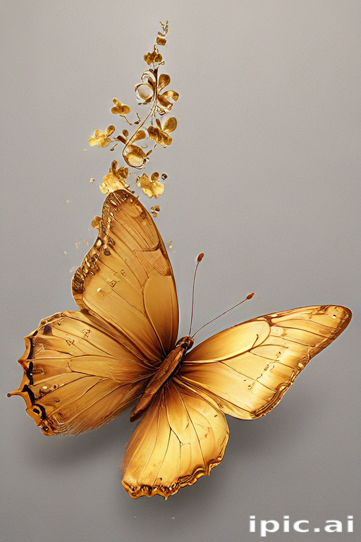 Golden Butterfly Surrounded by Delicate Flowers in a Dreamy Atmosphere