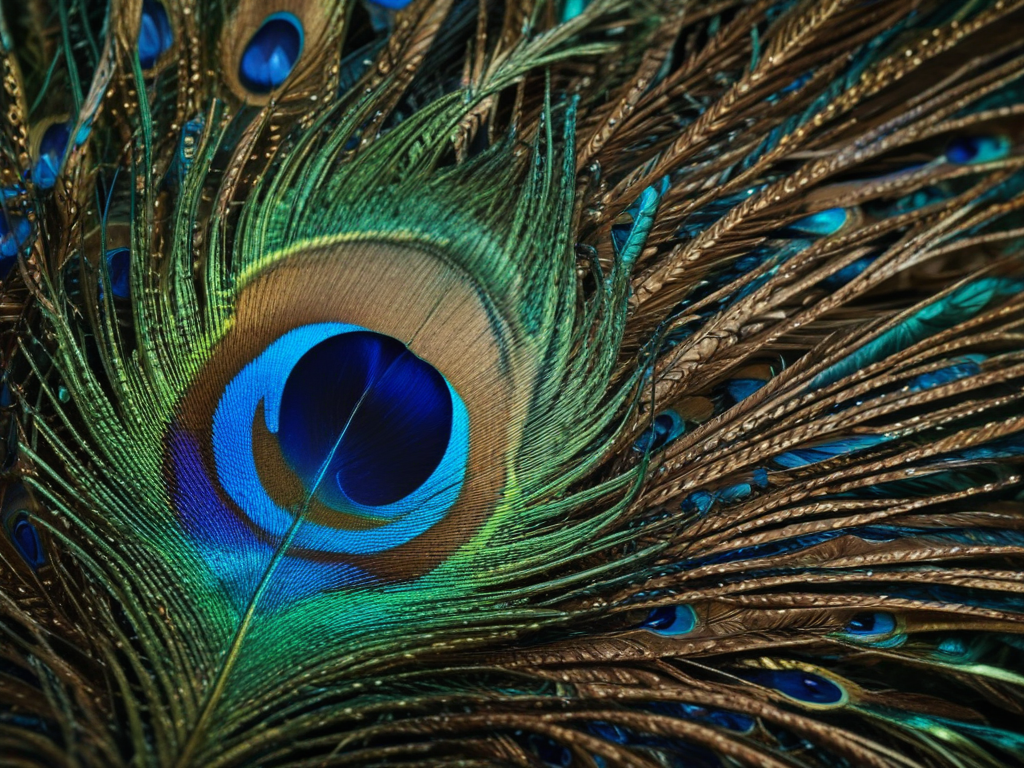 Close-Up of a Vibrant Peacock Feather Displaying Stunning Iridescent Colors