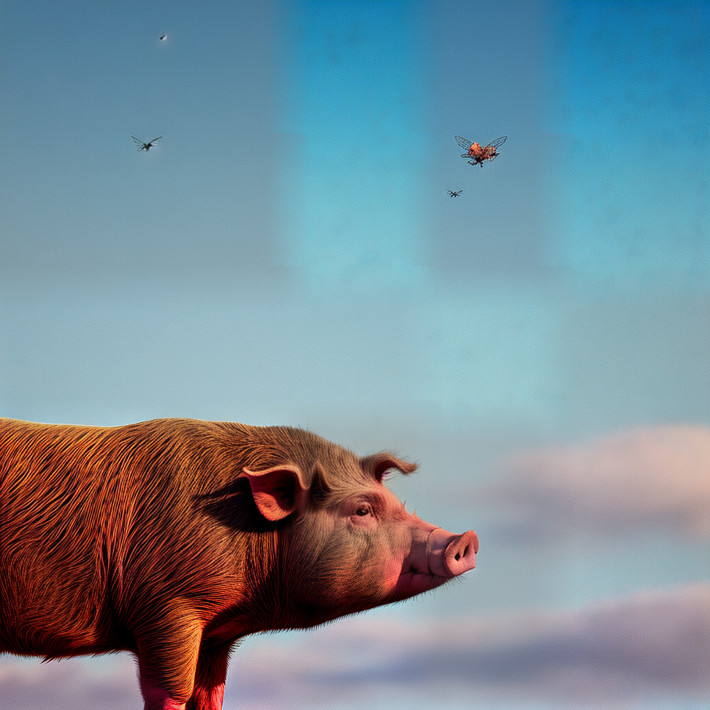 pig fly on sky on winter