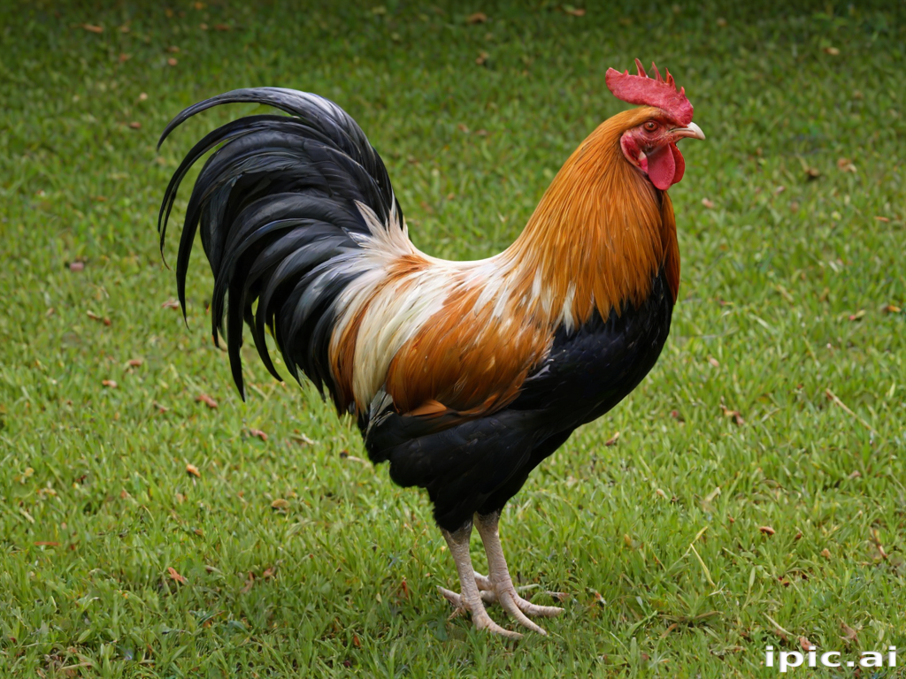 A Colorful Rooster Strutting Proudly Across a Lush Green Lawn