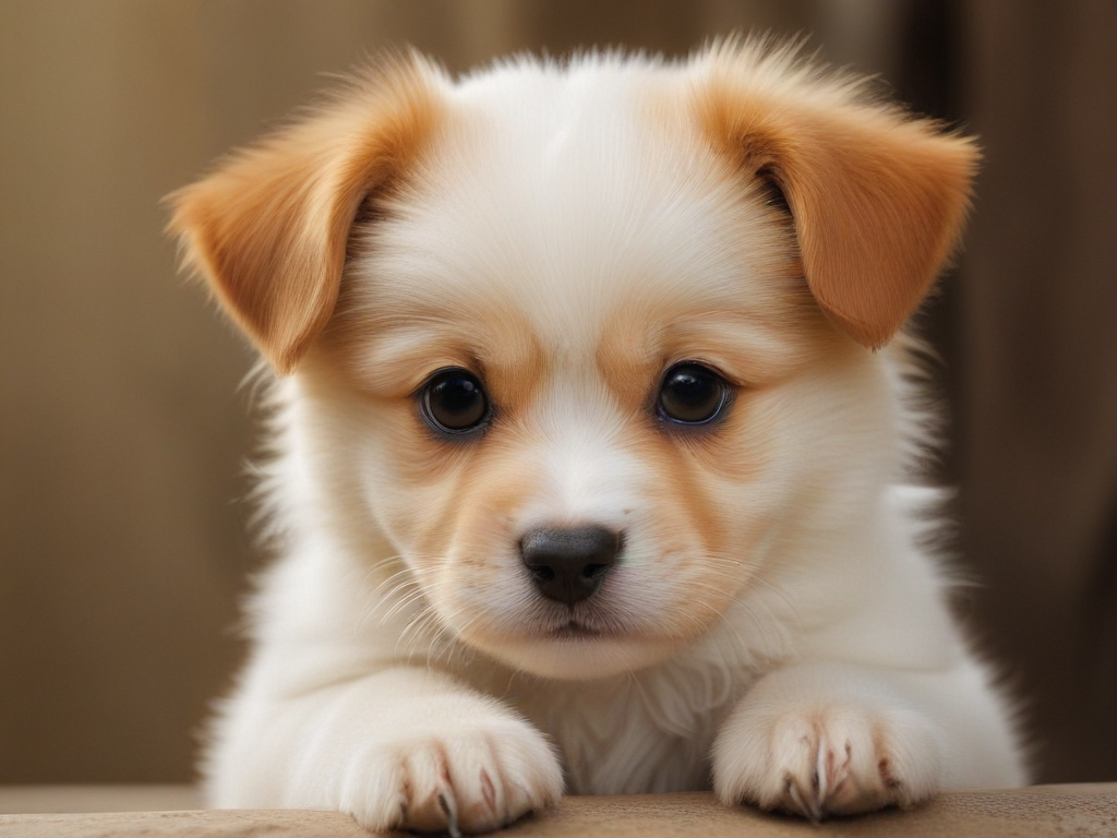 Adorable fluffy puppy with big curious eyes looking up at you.