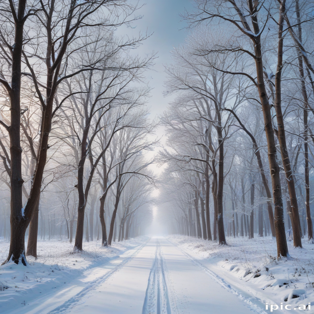 Serene Winter Pathway Through Frosted Trees in a Snowy Landscape