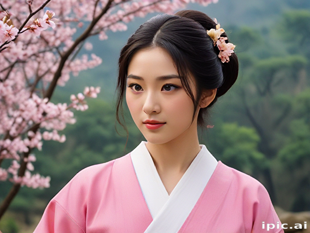 Graceful Young Woman in Traditional Attire Surrounded by Cherry Blossoms