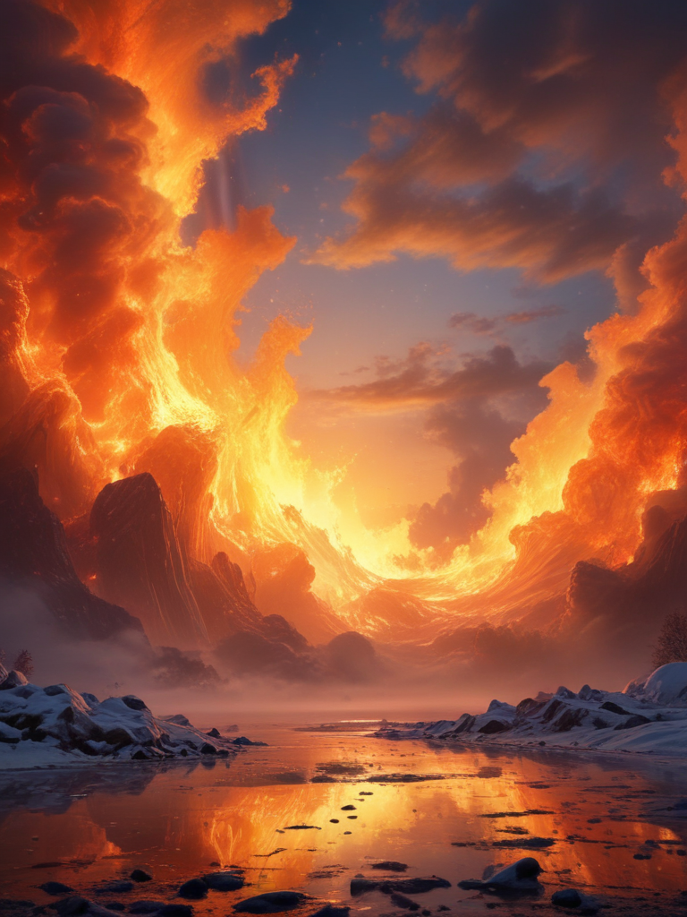 Majestic Sunset Over Fiery Mountains Reflecting in a Tranquil Lake