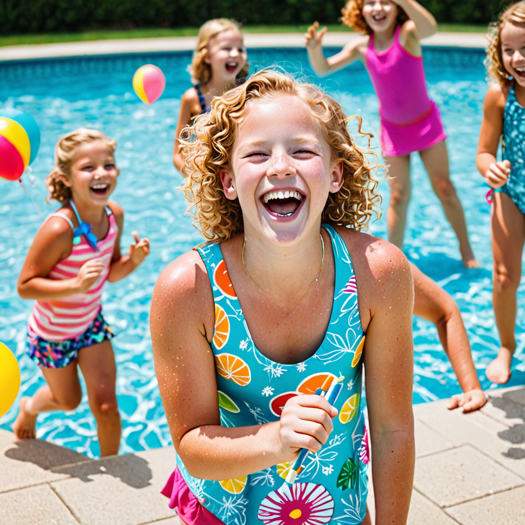 Pool party, birthday, cute, curly hair, blond and ginger, group, girl ...
