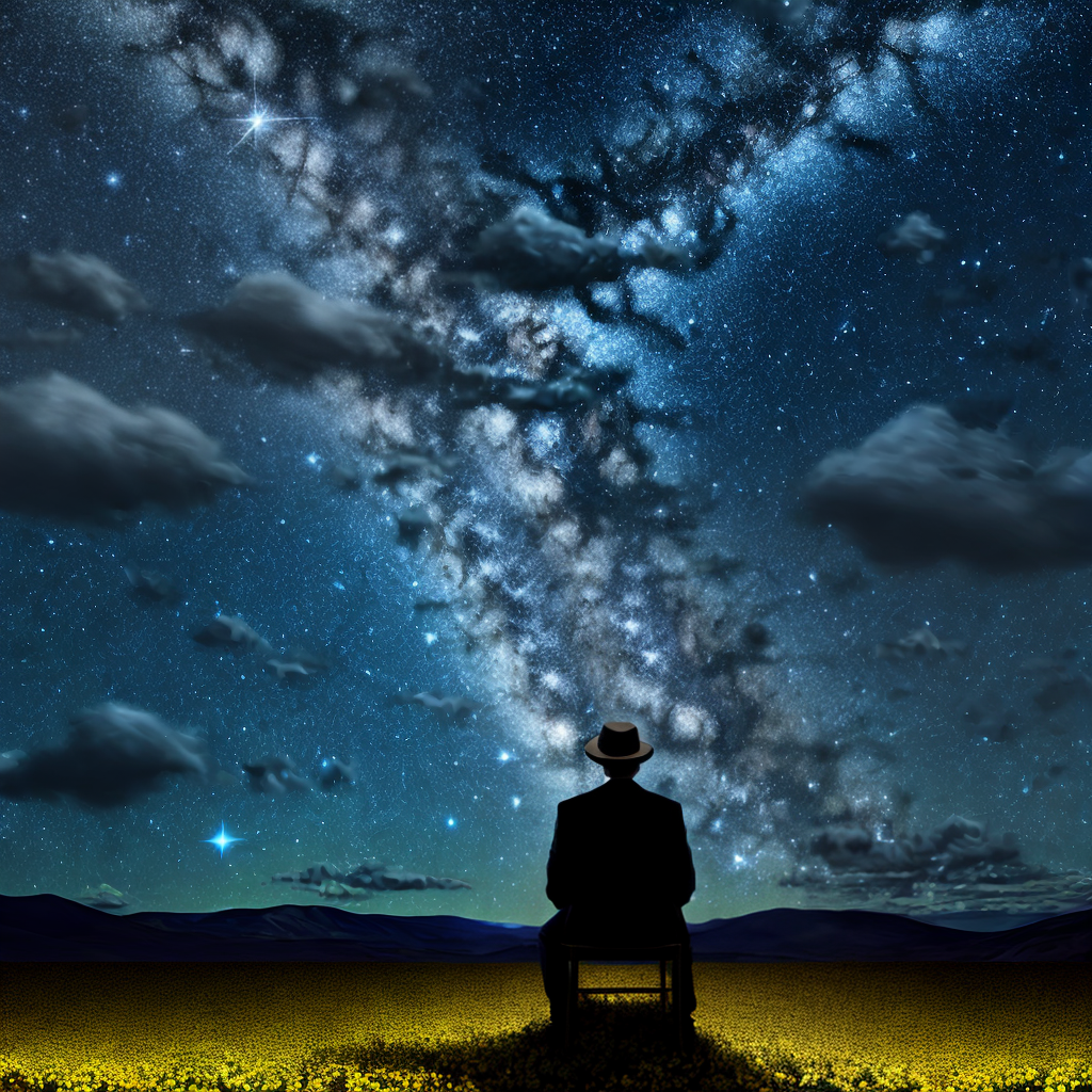 Animated starry night vibrant stars shooting stars man sitting down