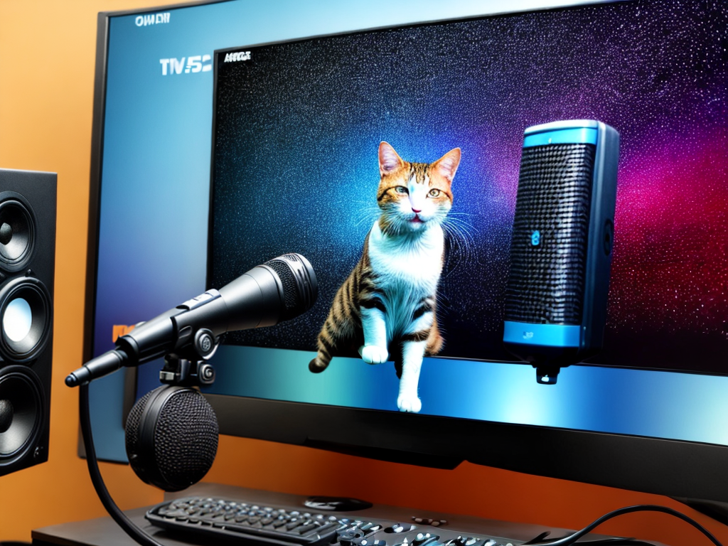 cat singing into a microphone in a recording studio with tv monitors